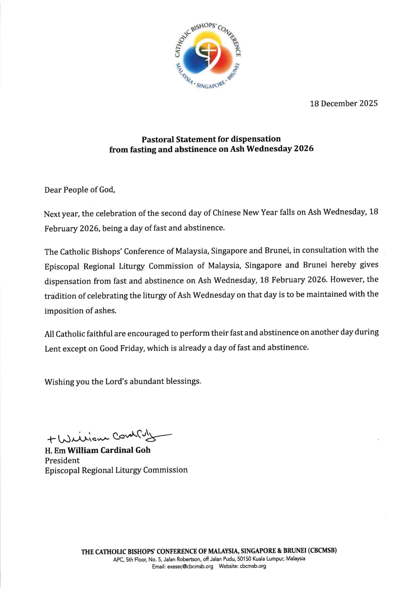 Pastoral Statement for Dispensation from Fasting and Abstinence on Ash ...